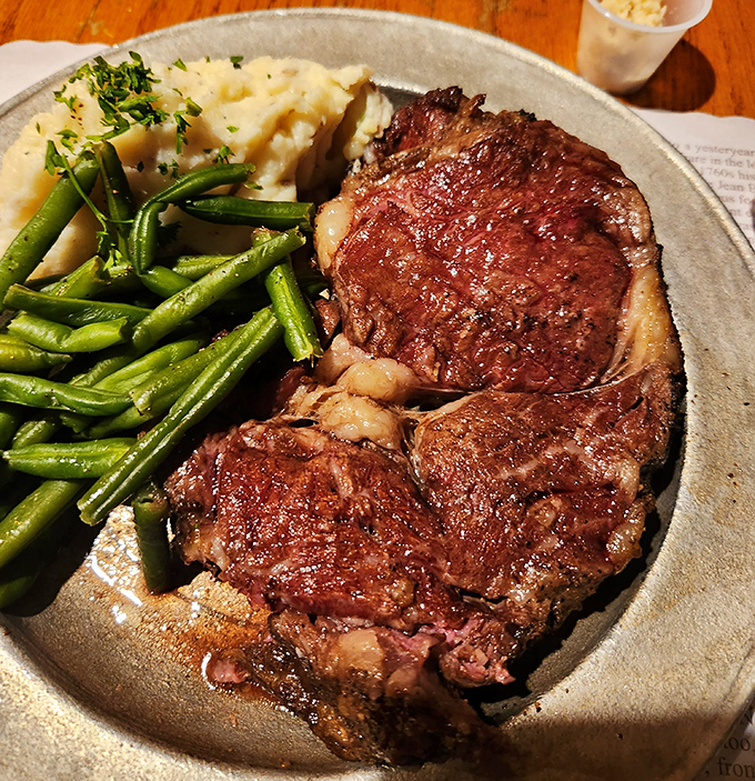 This isn't just a steak&mdash;it's a time machine to when dinner was an event. Perfectly seared, paired with fresh vegetables and creamy mashed potatoes.