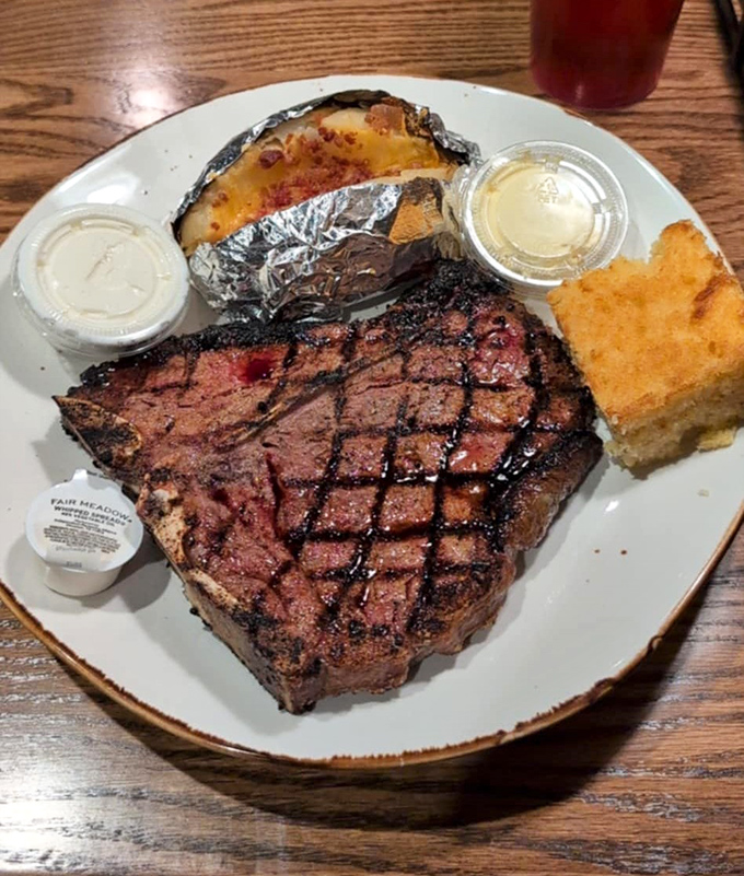 This perfectly grilled steak with its textbook crosshatch marks isn't just dinner &ndash; it's edible artwork that happens to taste even better than it looks.