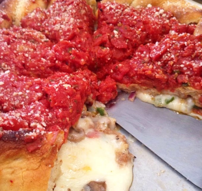 Behold the star attraction: layers of cheese, toppings, and sauce in perfect harmony. Like a lasagna and pizza had a beautiful baby.