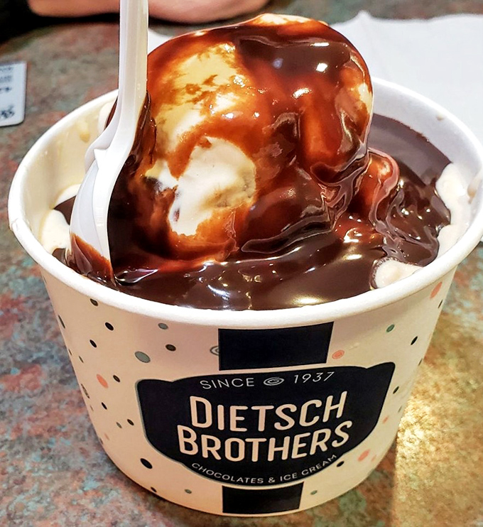 Hot fudge cascades down vanilla ice cream like chocolate lava, creating the kind of sundae that makes adults forget their dignity and lick the container clean.