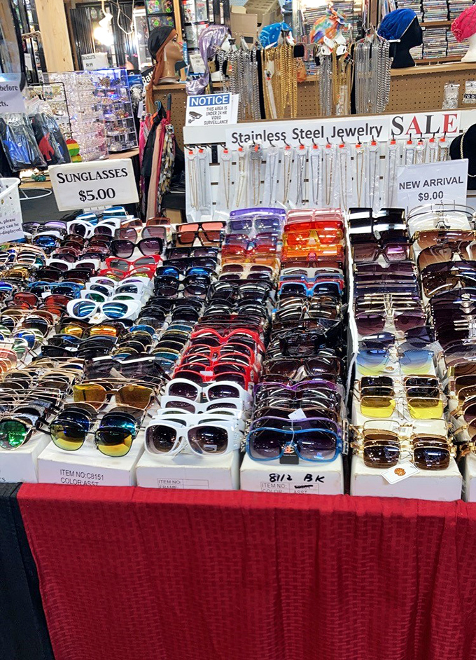 More sunglasses than a 1980s music video, organized by color because even bargain shopping deserves a little visual harmony.