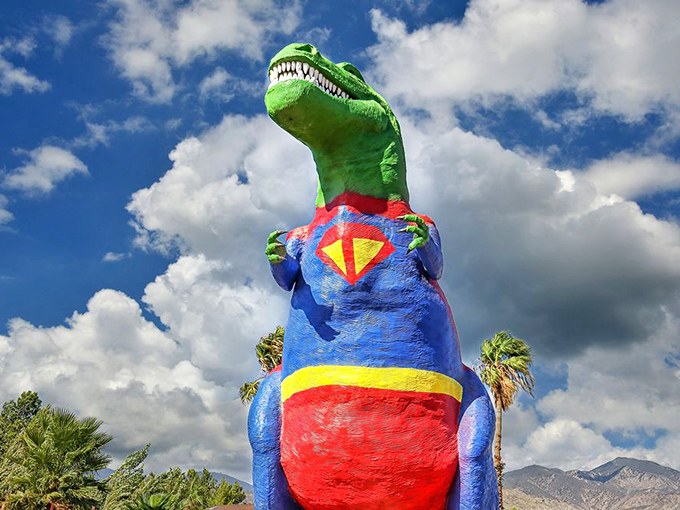 Even dinosaurs have dreams! This T-Rex donning Superman colors proves extinction was never a match for imagination.