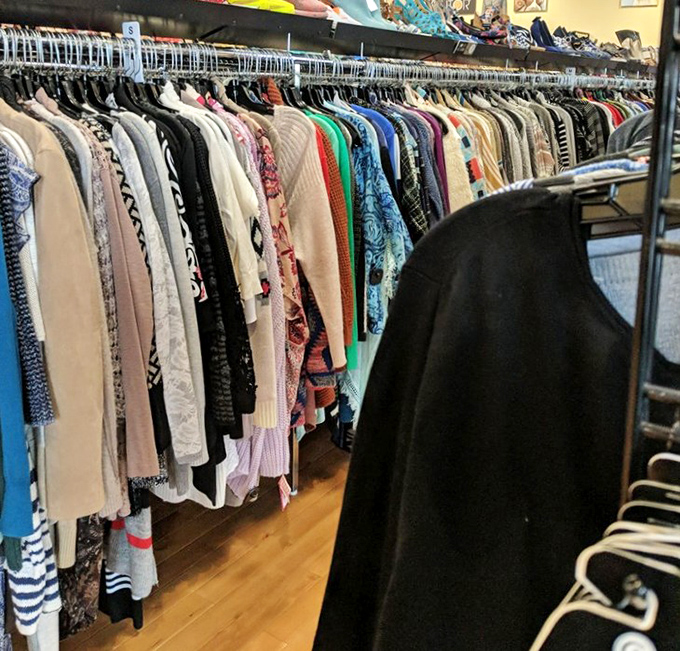 Racks stretching into the distance like a fashionista's fever dream, organized by color for maximum browsing efficiency and minimal confusion.