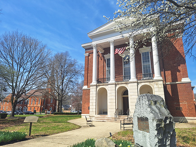 This stately courthouse stands as Vevay's unofficial timekeeper, its columns and brick fa&ccedil;ade a testament to when government buildings were built to impress.