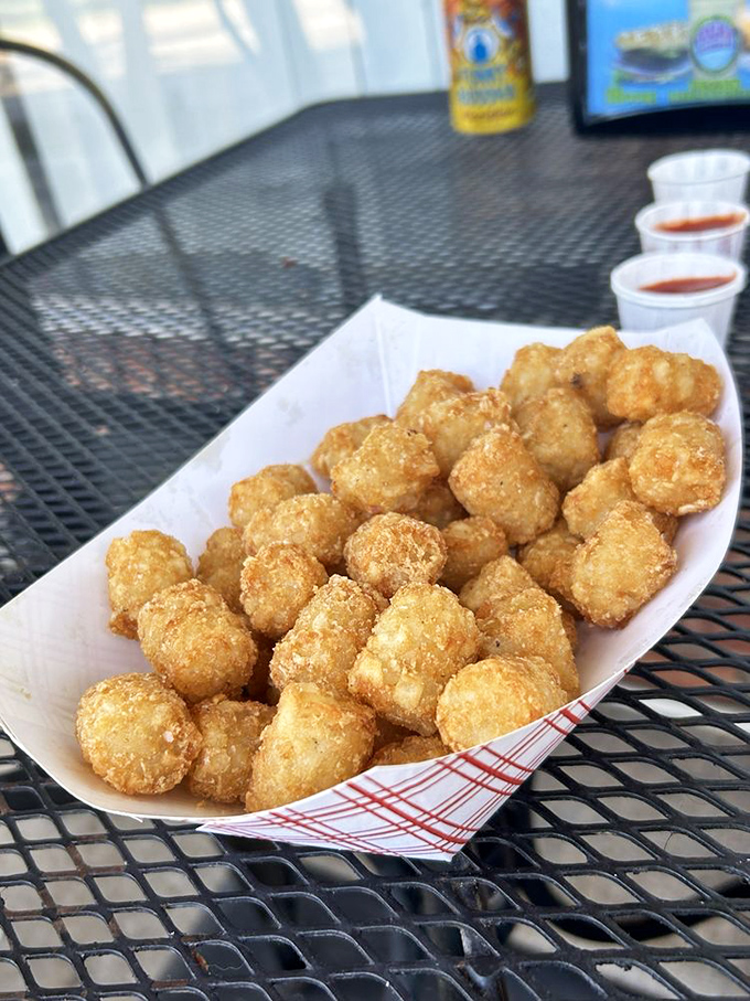 Golden orbs of potato perfection. These tater tots aren't just a side dish—they're little crispy ambassadors from the Republic of Deliciousness.