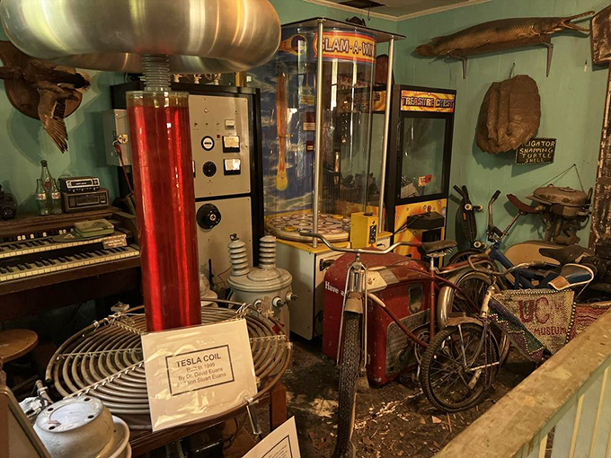 Tesla would approve! Vintage scientific equipment shares space with an antique bicycle, creating a mad scientist's dream laboratory.