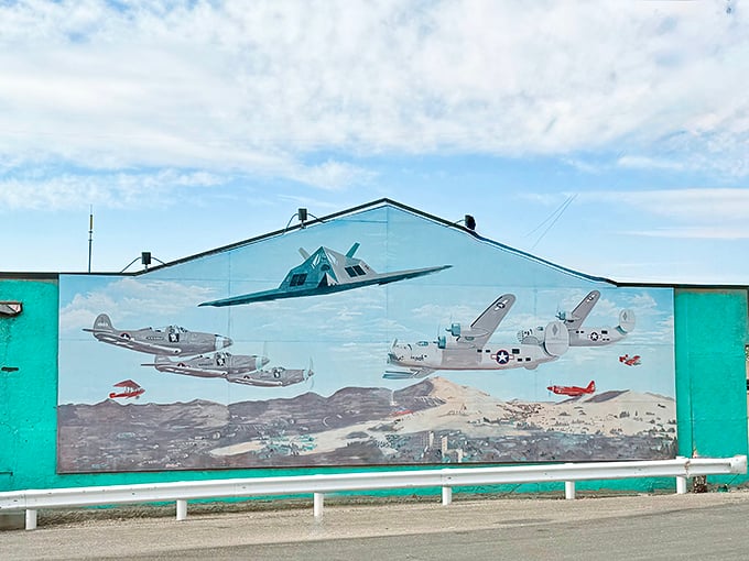 This vibrant aviation mural celebrates Tonopah's military history, telling stories of desert skies filled with more than just spectacular sunsets.