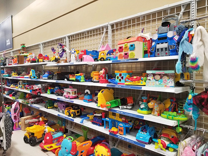 Toy paradise! Where yesterday's beloved playthings find new homes. That blue elephant might become someone's new best friend by sundown.