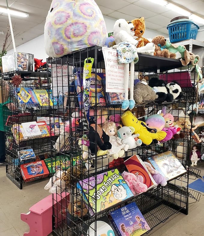 A stuffed animal summit meeting where teddy bears mingle with board games in cheerful, organized chaos.