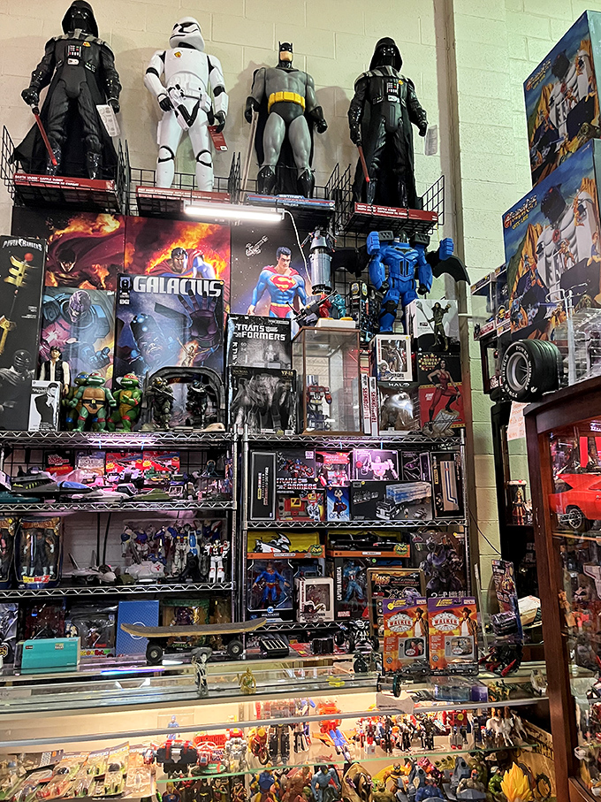Holy collectibles, Batman! This superhero shrine showcases the impressive toy section where childhood nostalgia meets adult collecting passions.