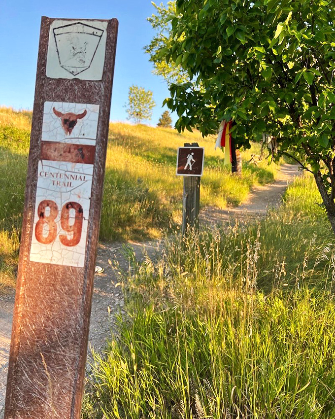 Trail marker #89 stands sentinel among golden grasses, like a tour guide patiently waiting to lead hikers through this sacred landscape.