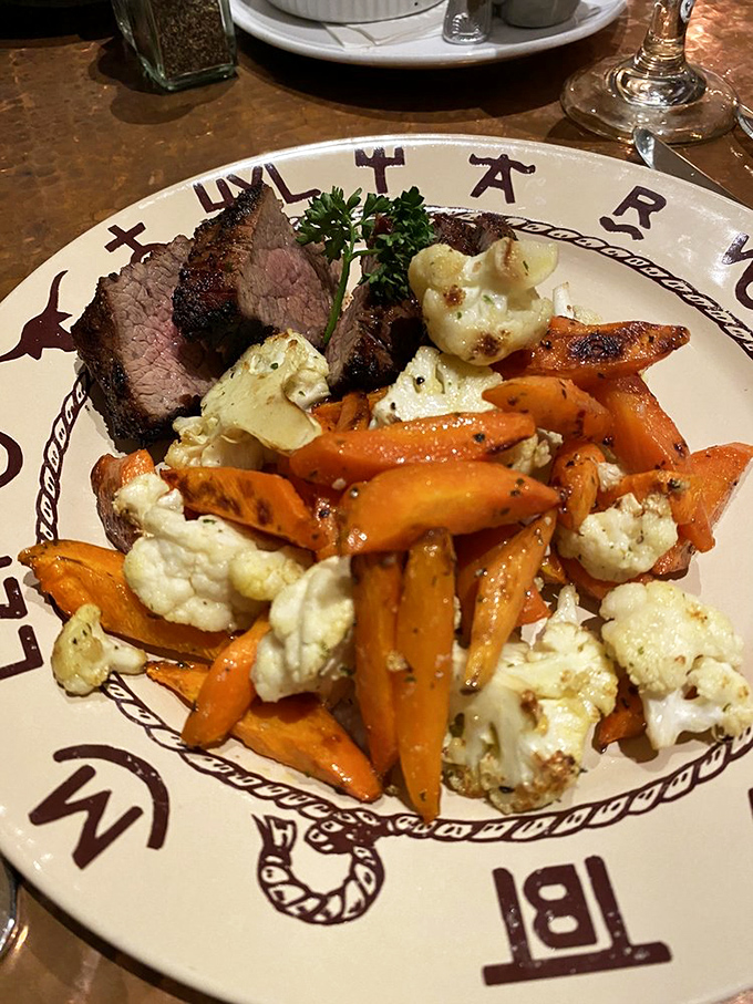 Perfectly pink tri-tip with that oak-grilled crust that haunts your dreams. Vegetables playing supporting roles to the true star.