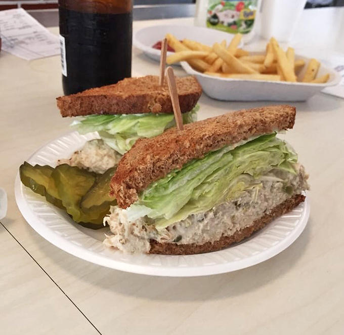 The tuna sandwich arrives like an edible geometry lesson&mdash;perfect triangles of wholesome goodness that would make your grandmother nod in approval.