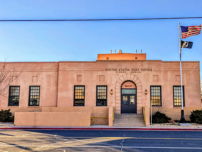 The stately Post Office building, with its adobe-inspired architecture, serves as both functional landmark and historical touchstone.