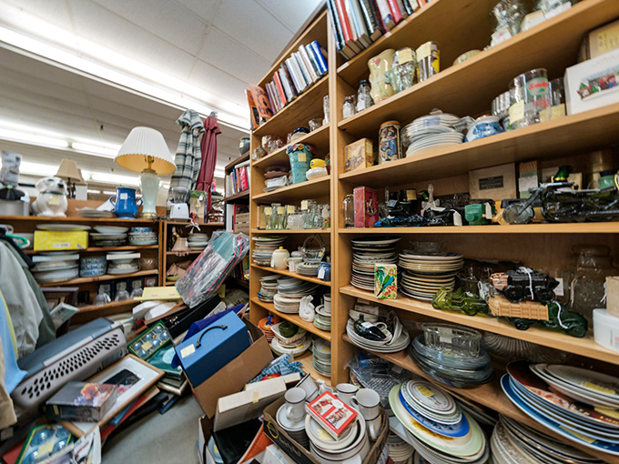 Dishes with stories to tell line these shelves. Each plate probably served thousands of meals before waiting here for its second act in your kitchen.