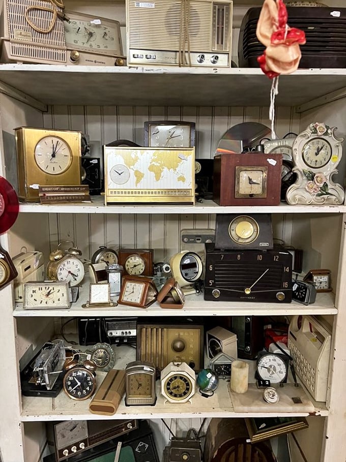 A shrine to timekeeping where vintage clocks and radios remind us when "watching the time" meant actually watching something physical tick away.
