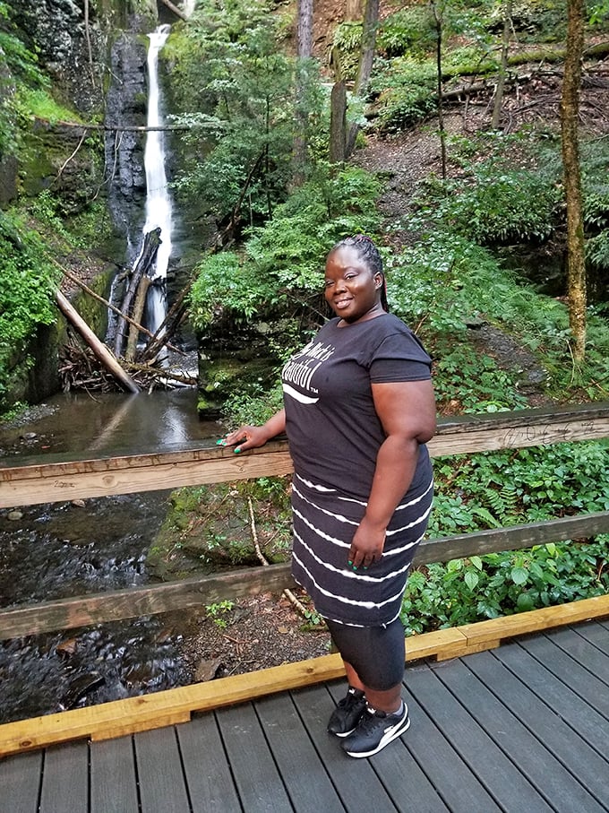 That smile says it all &ndash; Silverthread Falls delivers the kind of joy that makes the easy hike worthwhile.