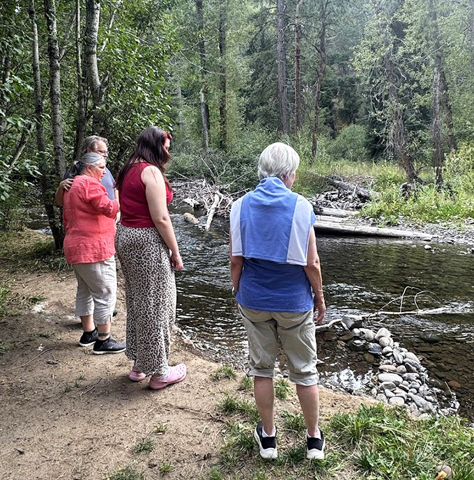 Riverside contemplation club in session – where strangers become friends united by nature's hypnotic water symphony.