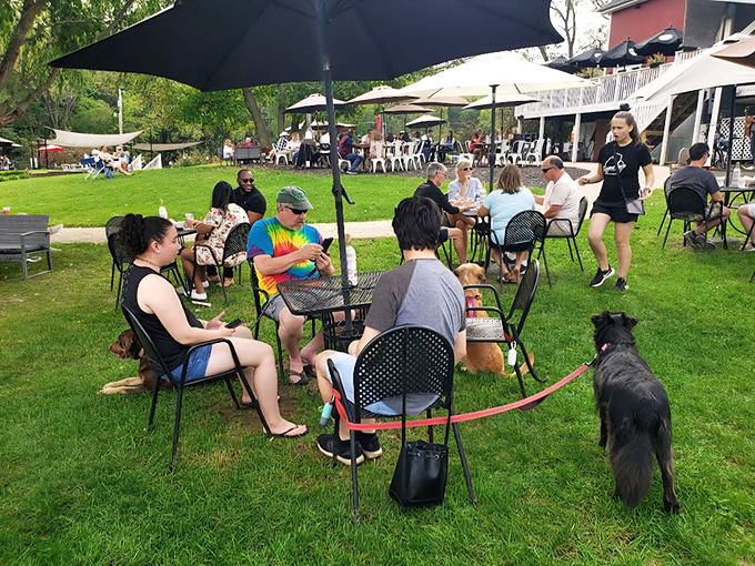 Weekend warriors find their happy place under patio umbrellas, where conversations flow as freely as the beverages being served.