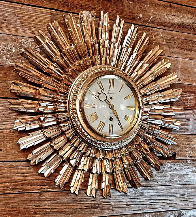 Sunburst elegance that would make Liberace nod in approval. This mid-century timepiece doesn't just tell time&mdash;it makes a statement.
