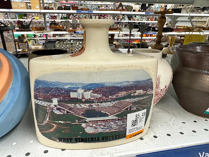 This West Virginia University whiskey decanter proves that one person's collegiate memorabilia becomes another's conversation piece. Geography is no barrier to thrift store magic.