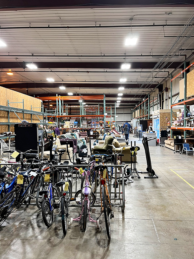 The furniture warehouse section feels like an IKEA designed by time travelers. Bicycles, sofas, and exercise equipment await their second chance at making a house a home. 