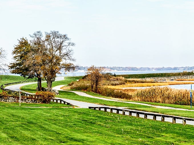 Fall's golden touch transforms this winding path into a scene worthy of a New England calendar. Stone walls whisper stories of centuries past.