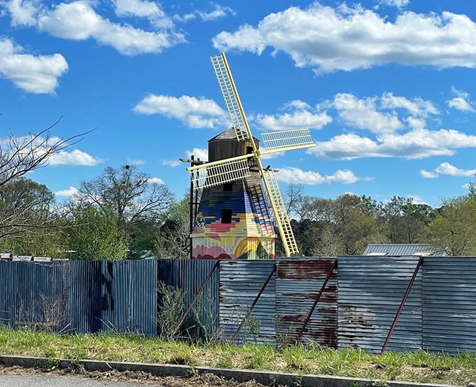 This colorful windmill adds a whimsical touch to Senoia's landscape—proof that even small-town Georgia knows how to surprise visitors with unexpected delights.