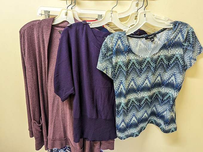 The women's section offers a rainbow of possibilities. That purple sweater? It's just waiting to become your new favorite.