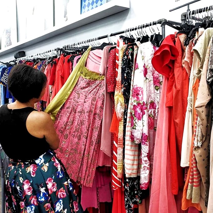 Rainbow of dresses awaits &ndash; each one with its own story and ready for yours.