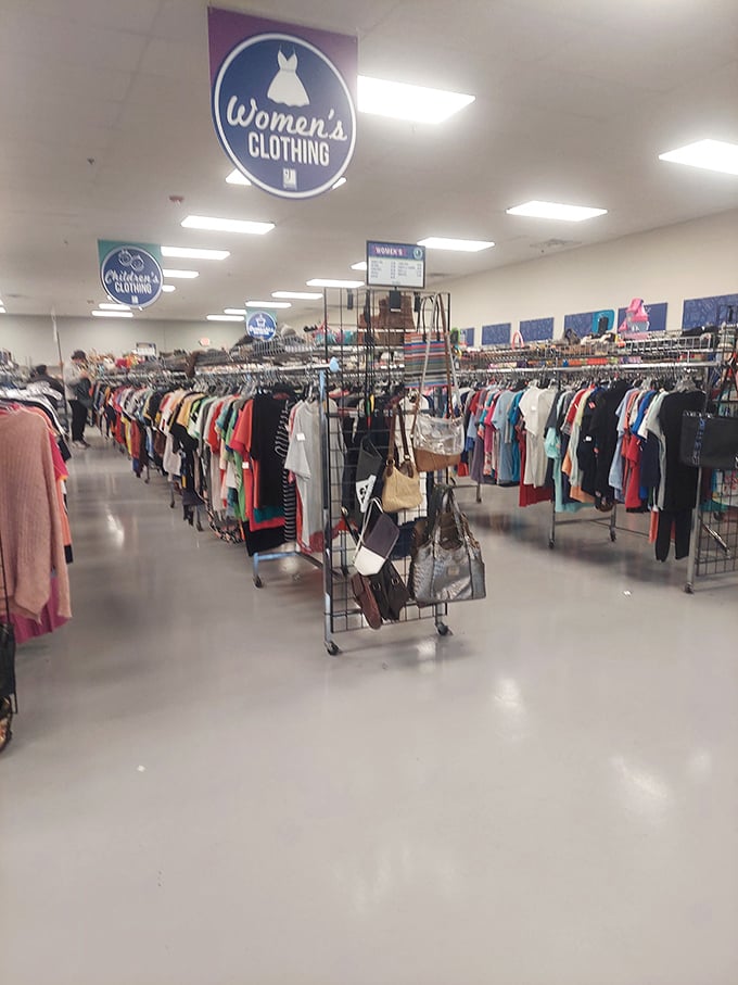 The women's clothing section stretches like a textile sea, where yesterday's fashion statements await their encore performance in your wardrobe.