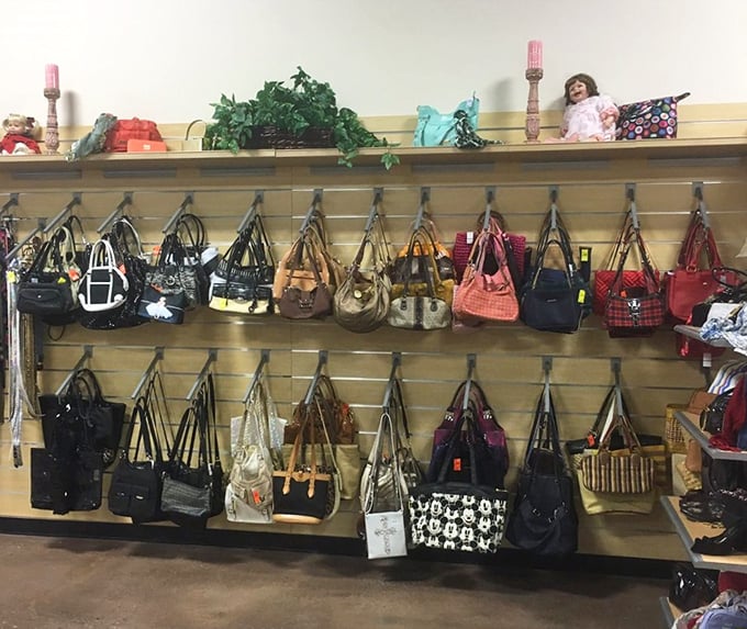 Handbags hang like colorful fruit, waiting for their second chance to carry someone's essentials and secrets in stylish fashion.