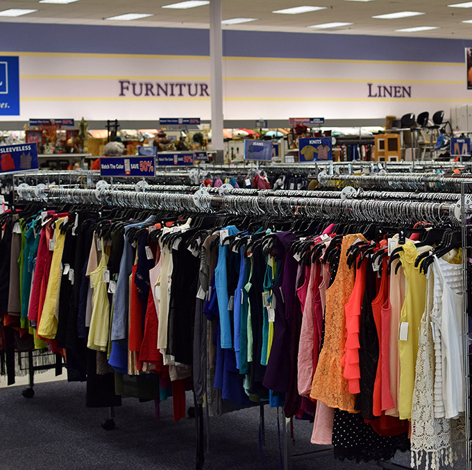 The clothing racks create a rainbow effect that would make Roy G. Biv jealous &ndash; organized chaos at its most colorful and tempting.