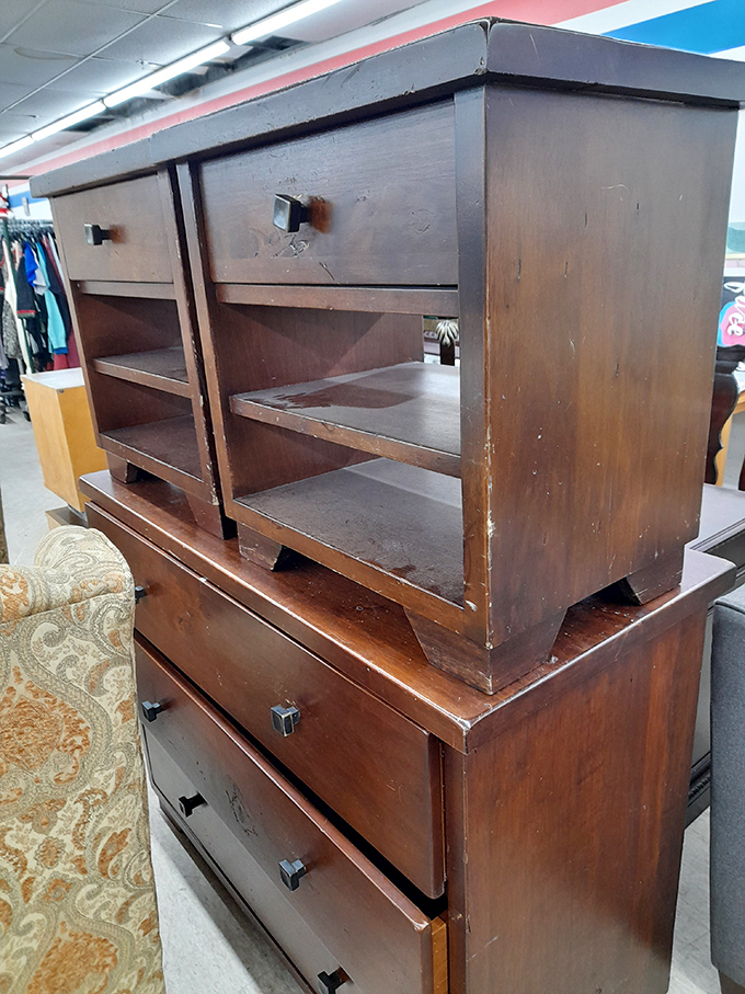 Not just a dresser, but a time capsule with drawers. This solid wood piece has probably held everything from bell-bottoms to Bluetooth speakers.
