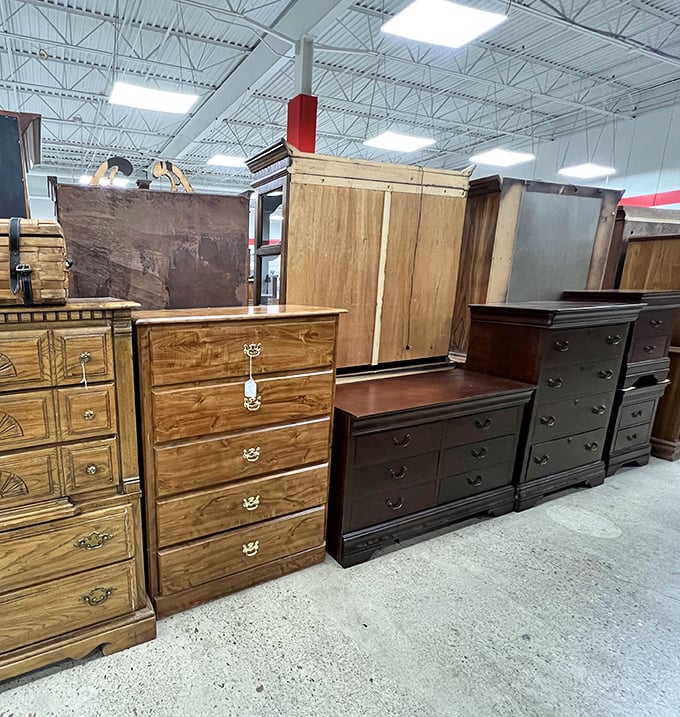 The dresser lineup looks like a wooden family reunion, each with its own personality and stories to tell.