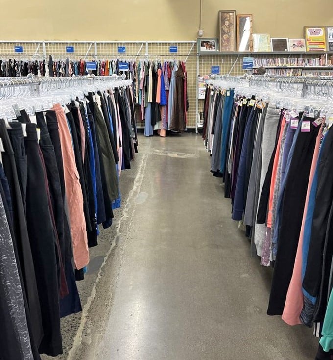 The pants aisle: where your next hiking companion awaits. These garments have seen fewer miles than your car but are ready for Alaskan adventures.