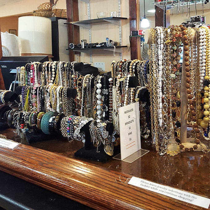 A jewelry lover's dream come true: strand after strand of beads, pearls, and statement pieces waiting for their second chance to shine.