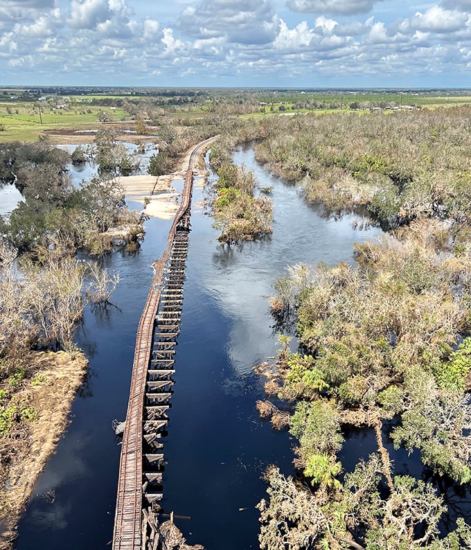 Florida's wetlands create a dramatic backdrop for these historic tracks. Alligators and herons are your unofficial welcoming committee on this journey.