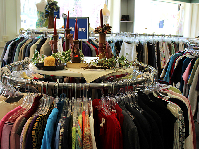 The circular clothing rack—nature's most perfect thrift store invention. Like a carousel of fashion possibilities where yesterday's trends become tomorrow's vintage finds.