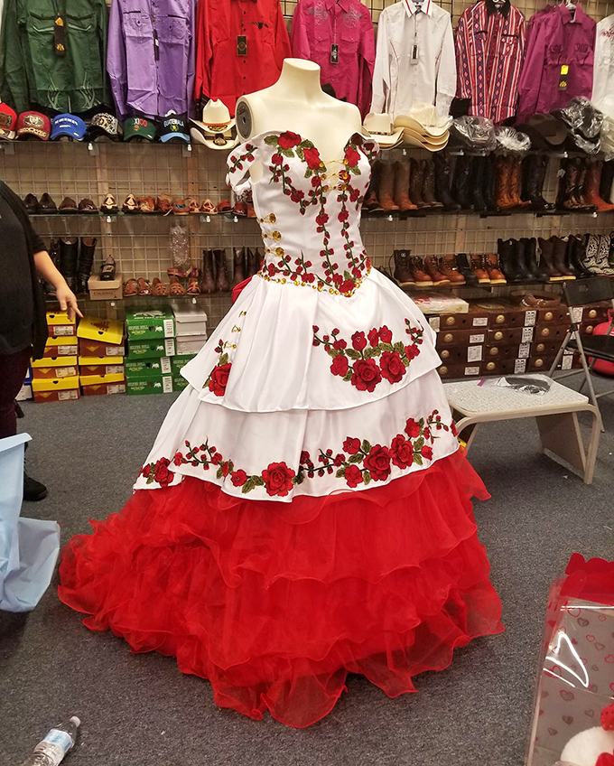 Not your average flea market find! This elaborate quincea&ntilde;era gown proves Americana isn't just about bargains but unexpected moments of elegance.
