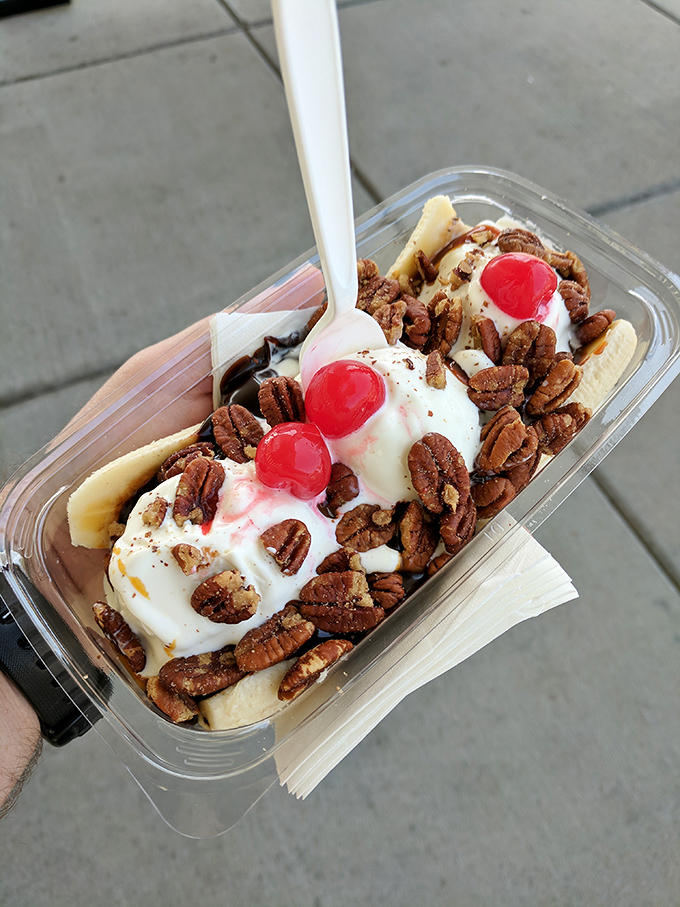 Behold the banana split in its natural habitat&mdash;a perfectly ripened banana cradled by vanilla custard, crowned with pecans and cherries like tiny red berets.