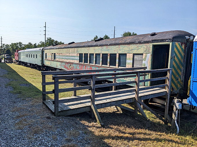 All aboard nostalgia! This passenger car's wooden ramp invites you to step back in time and imagine the journeys of yesteryear.