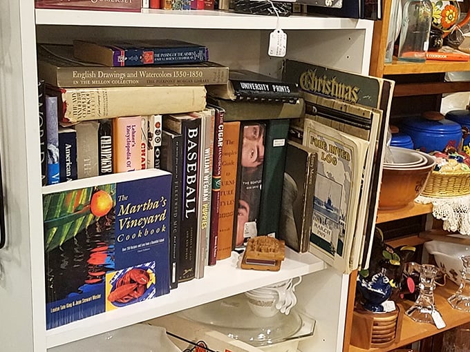A bookworm's paradise where Martha's Vineyard cookbooks share shelf space with art history tomes. Your coffee table is begging for an upgrade.