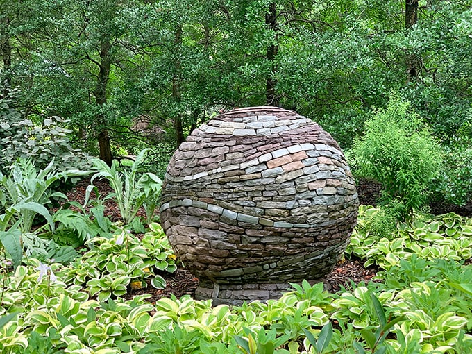 This stone sphere demonstrates what happens when a sculptor gets really, really into making the perfect garden ornament.