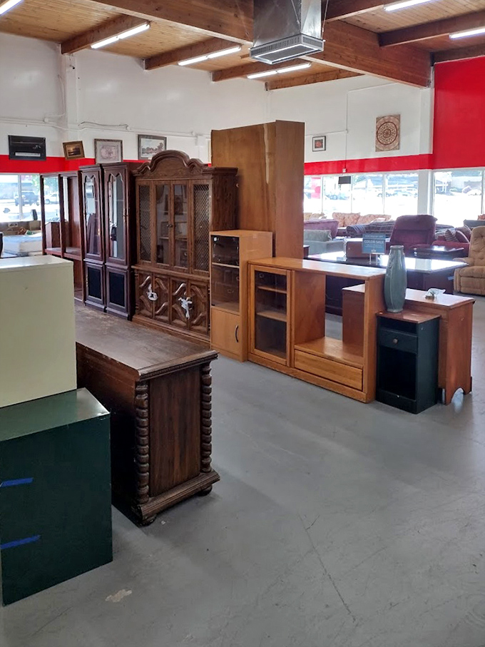 Vintage meets functional in this wooden furniture showcase. That ornate cabinet could tell stories spanning decades of family dinners and holiday gatherings.