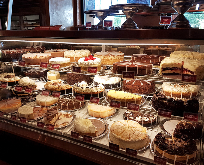 A dessert case that would make Willy Wonka weep with joy. Each cheesecake slice whispers sweet promises of momentary bliss and permanent wardrobe adjustments.