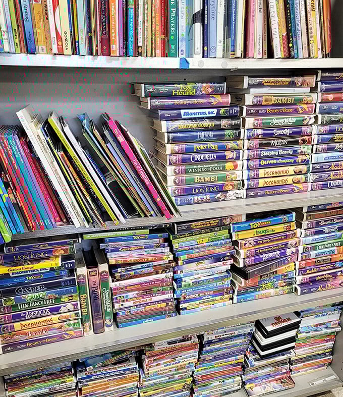 Disney VHS tapes stacked like time capsules—childhood memories waiting to be rediscovered for pocket change.
