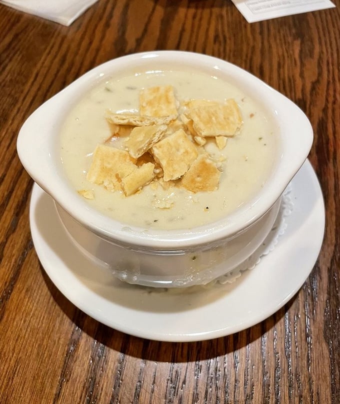 New England clam chowder so authentic you'll check your GPS to confirm you're still in Pennsylvania. Those golden crackers are the perfect crunchy crown.