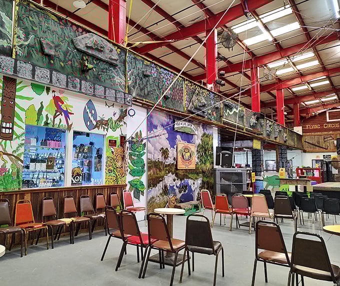 Where Florida wildlife meets artistic expression &ndash; colorful murals and community seating create a uniquely Floridian rest area between treasure hunting expeditions.