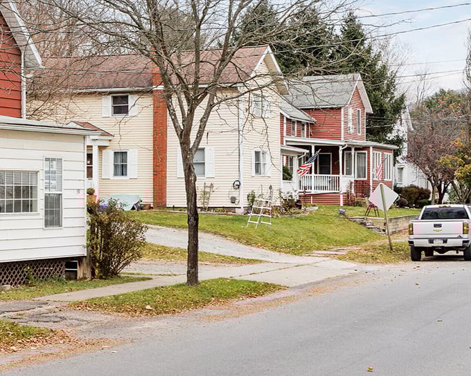 Classic American homes stand shoulder-to-shoulder, each with its own personality. It's like a neighborhood reunion where everyone dressed in their architectural Sunday best.